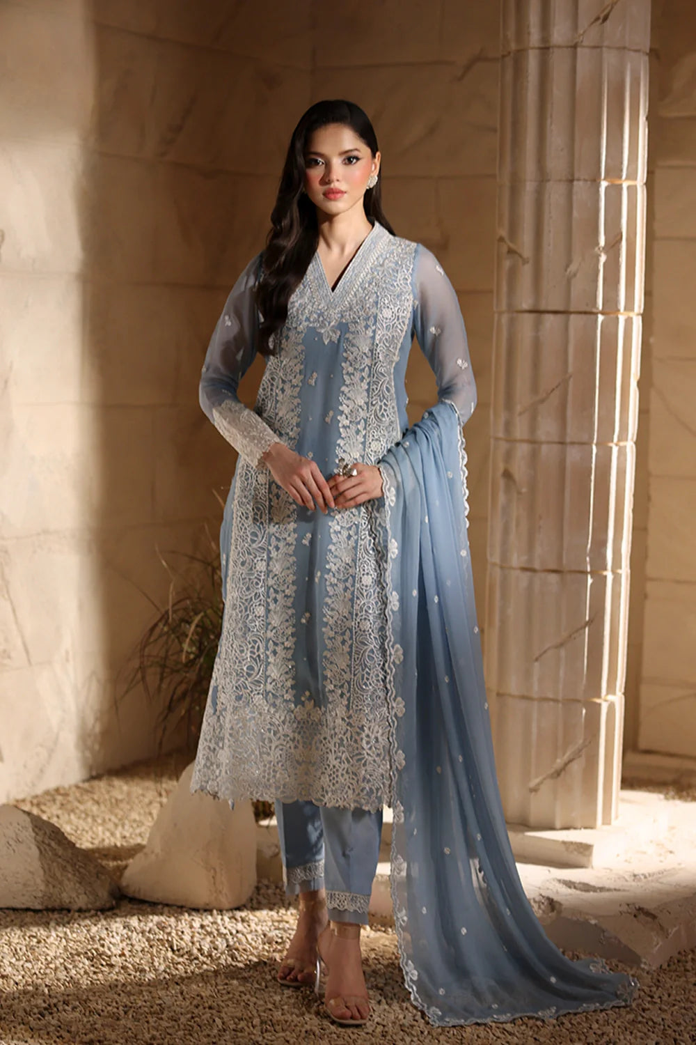 Azure - Serenite Three Piece Embroidered Chiffon – String & Thread